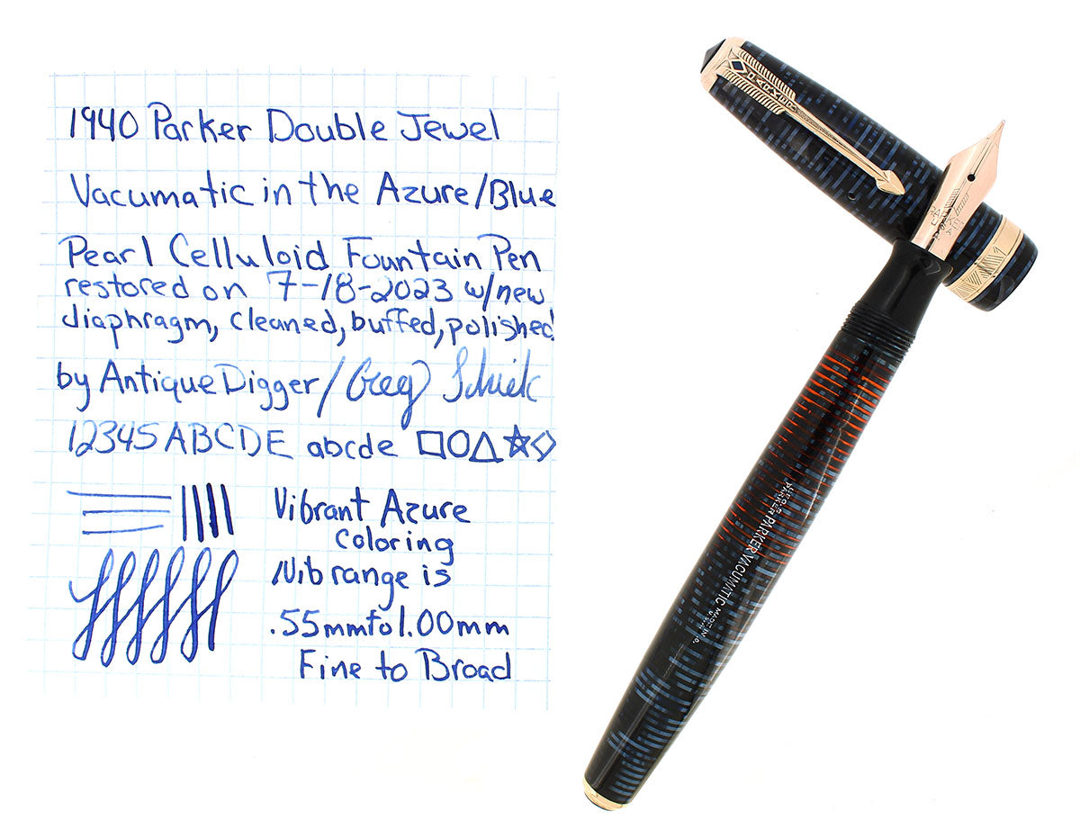 1940 PARKER AZURE BLUE VACUMATIC DOUBLE JEWEL FOUNTAIN PEN MAJOR SIZE ...