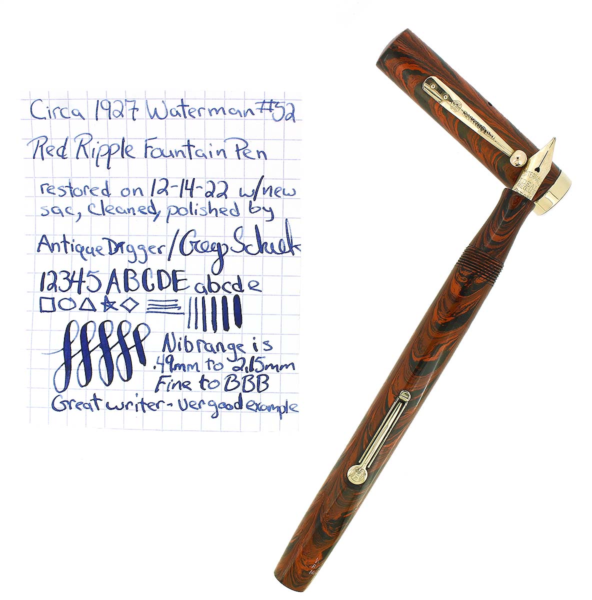 CIRCA 1927 WATERMAN #52 RED RIPPLE FOUNTAIN PEN F-BBB FLEX NIB RESTORE
