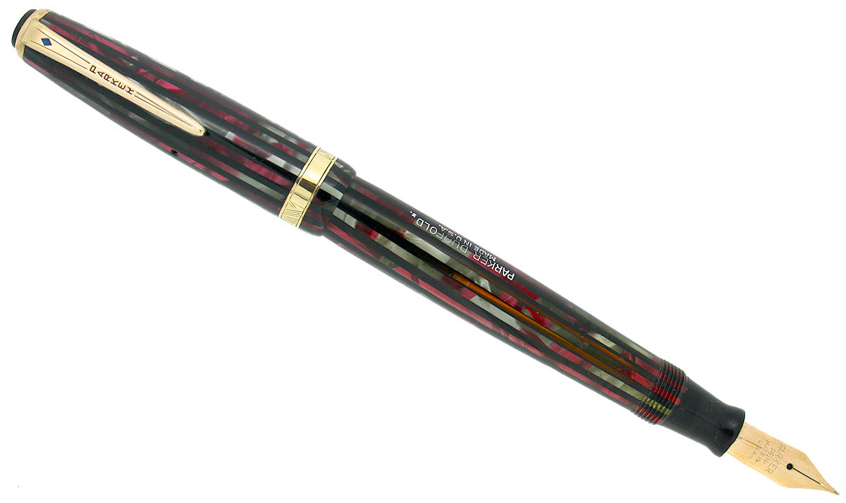 1945 PARKER STRIPED SENIOR DUOFOLD DUSTY ROSE CELLULOID FOUNTAIN PEN IN ...