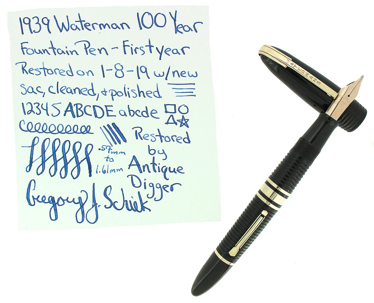 1939 FIRST YEAR WATERMAN 100 YEAR FOUNTAIN PEN F-BB SEMI-FLEX NIB RESTORED