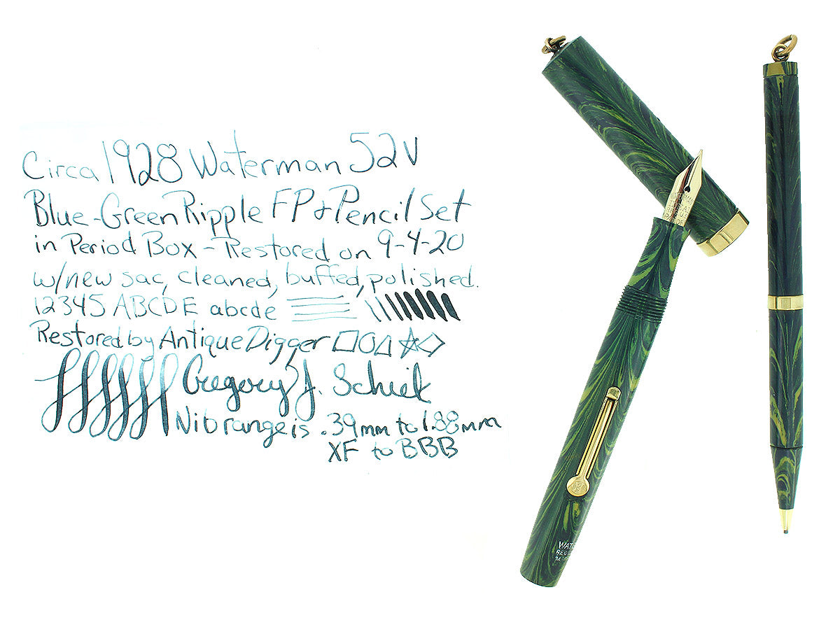 C1928 WATERMAN BLUE RIPPLE 52V FOUNTAIN PEN AND PENCIL SET XF - BBB NI