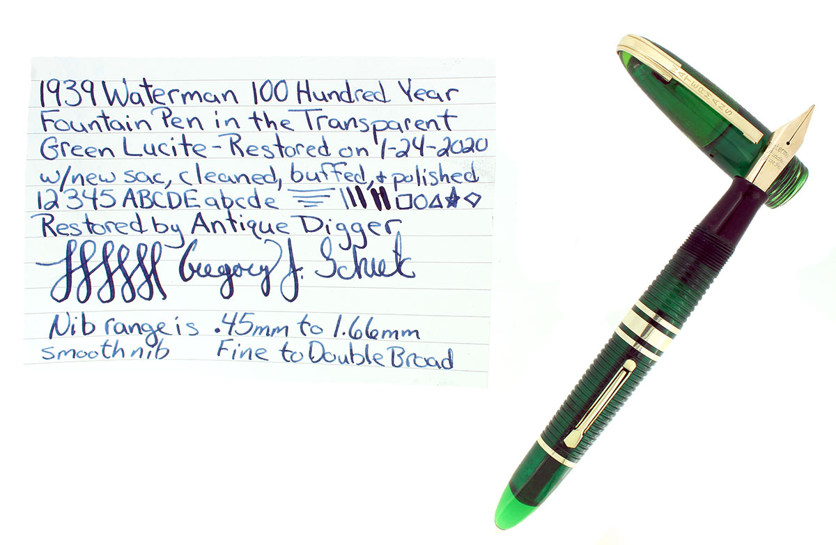 1939 FIRST YEAR GREEN WATERMAN 100 YEAR FOUNTAIN PEN F-BB SEMI-FLEX NI